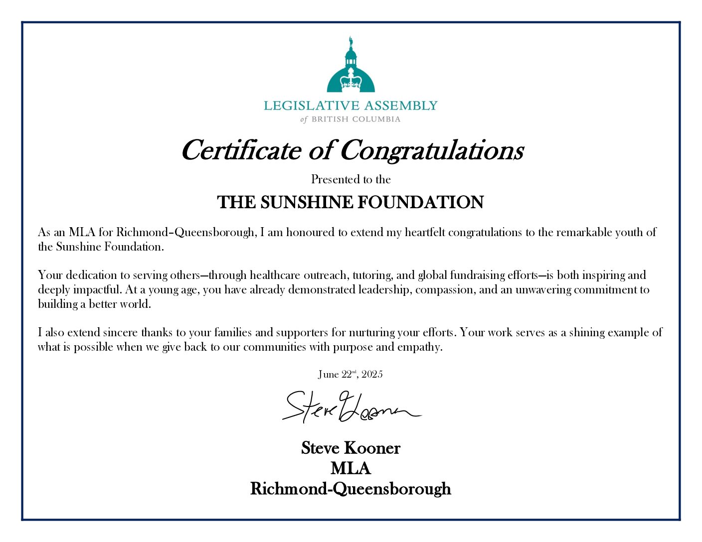 2025.06.22 – Sunshine Foundation Youth Recognition – Sunshine Foundation